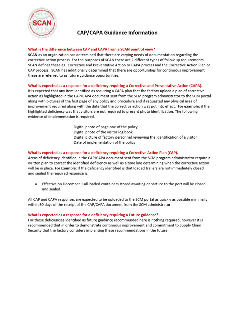 SCAN CAPA Guidance Document - EXTERNAL DOCUMENT-603442-1 | PDF