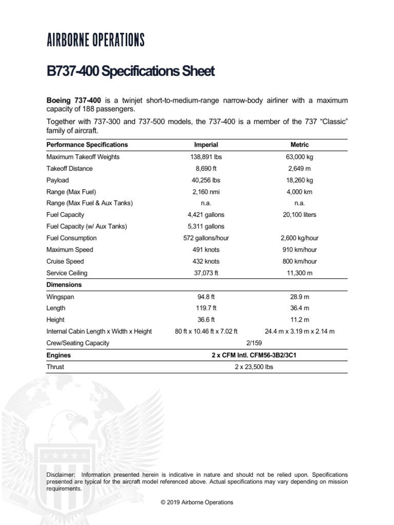B737-400 Specifications Sheet: Boeing 737-400 | PDF
