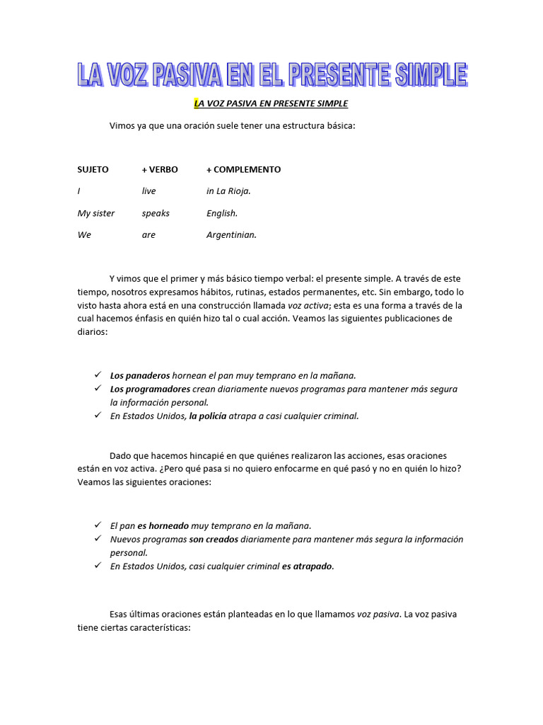 La Voz Pasiva en Presente Simple y Pasado Simple 1 - Universidad | PDF