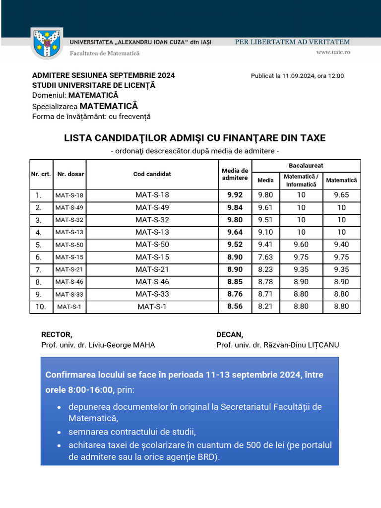 Rezultate Admitere Sesiunea Septembrie | PDF