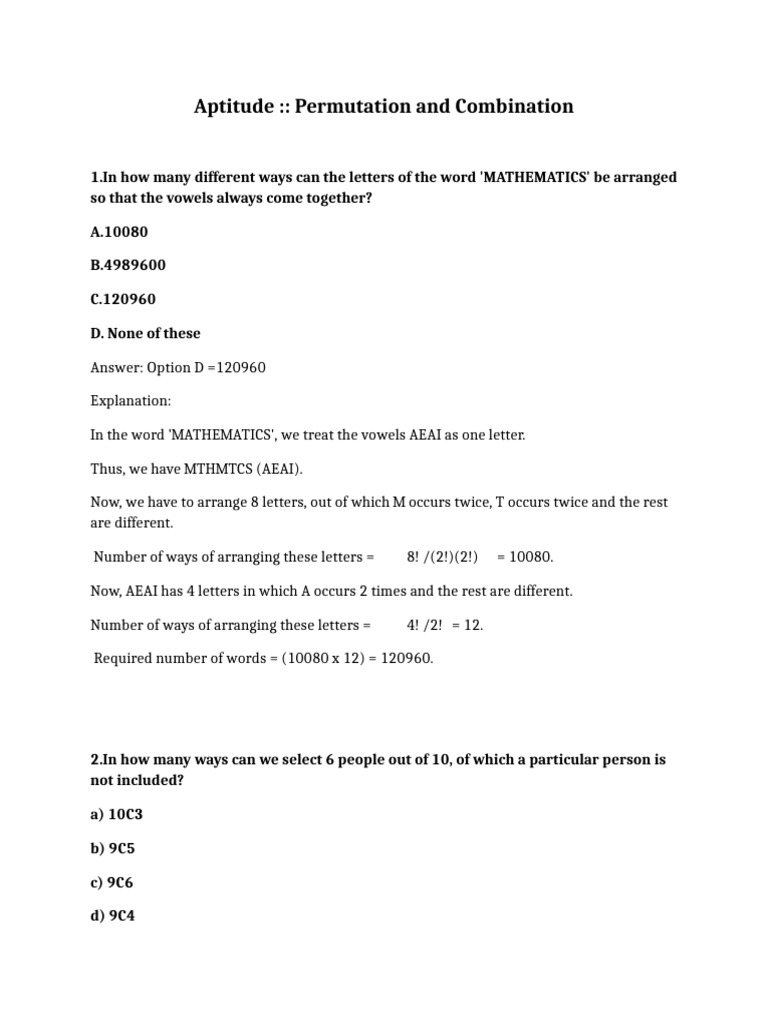 Apptitude Questions With Solution (Permutation and Combination ...