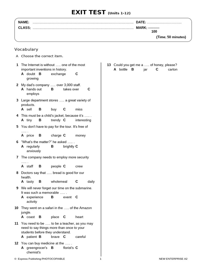 50 Enterprise A2 Exit Test | PDF
