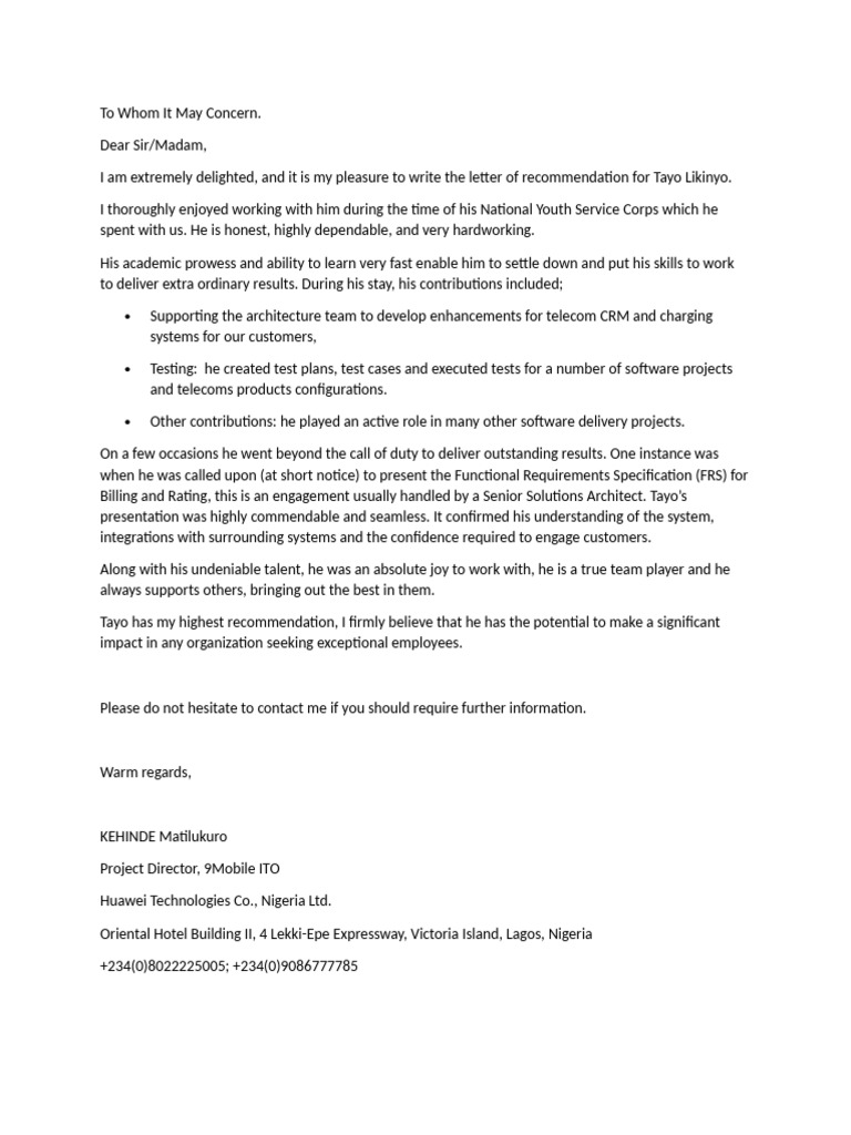 Personal Reference Letter For Tayo | PDF
