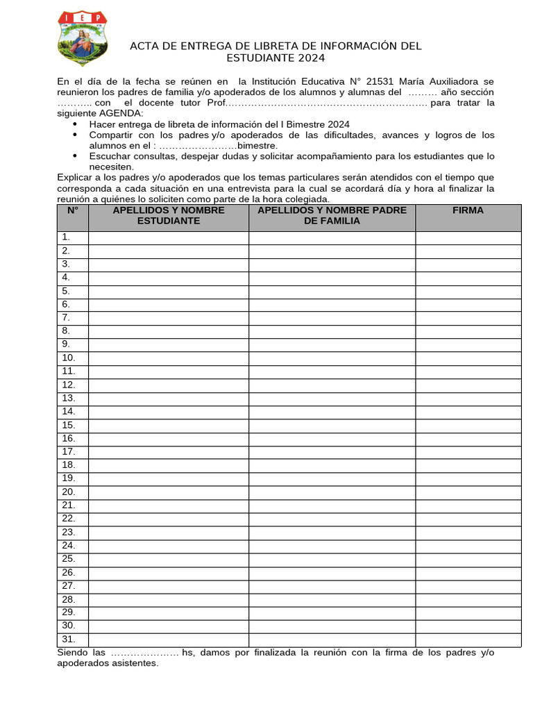 Acta de Entrega de Libreta de Información 2024 PDF | PDF
