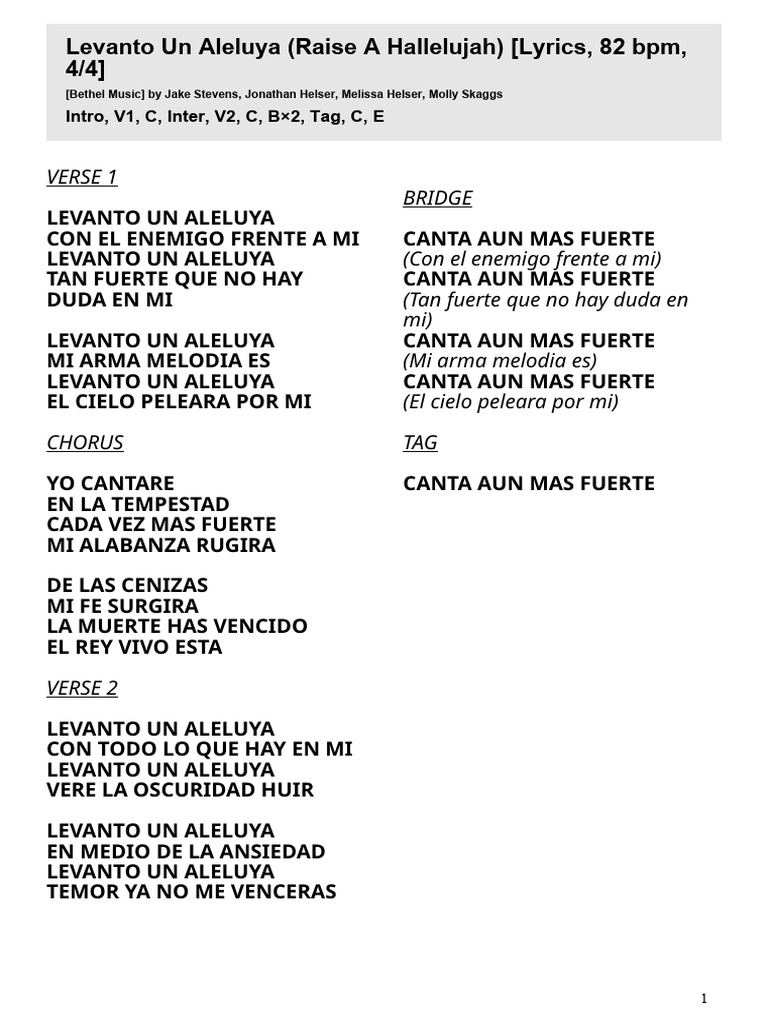 Levanto Un Aleluya (Raise A Hallelujah) - Lyrics | PDF