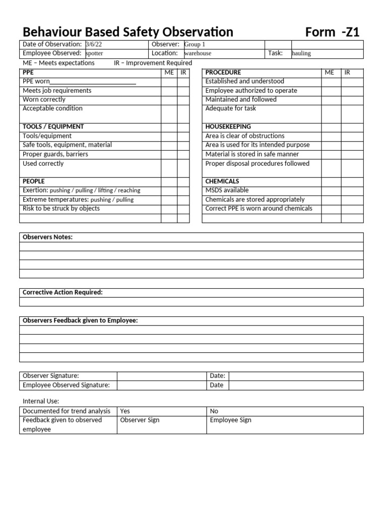Job Behavior Based Safety Observation Form | PDF