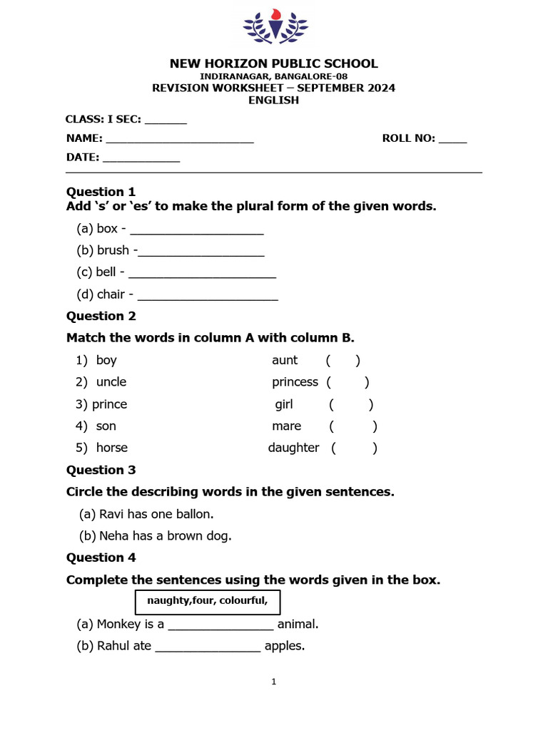English Revision Worksheet Grade 1 1726219416 | PDF