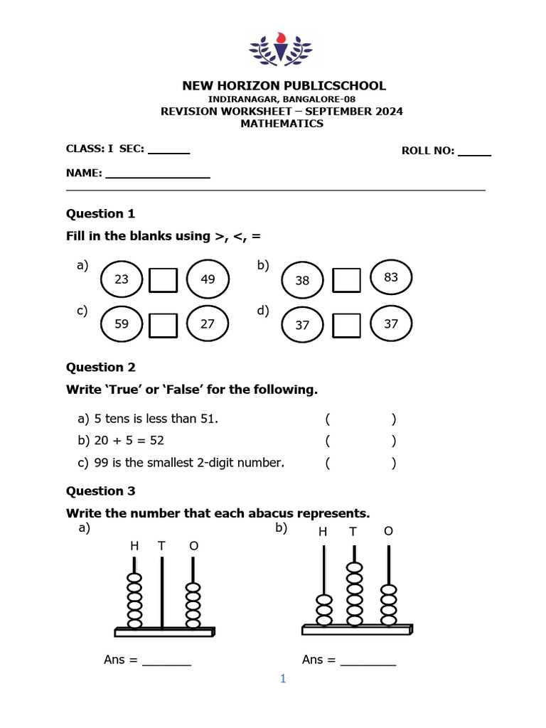 Grade 1 Revision Worksheet 1726135645 | PDF