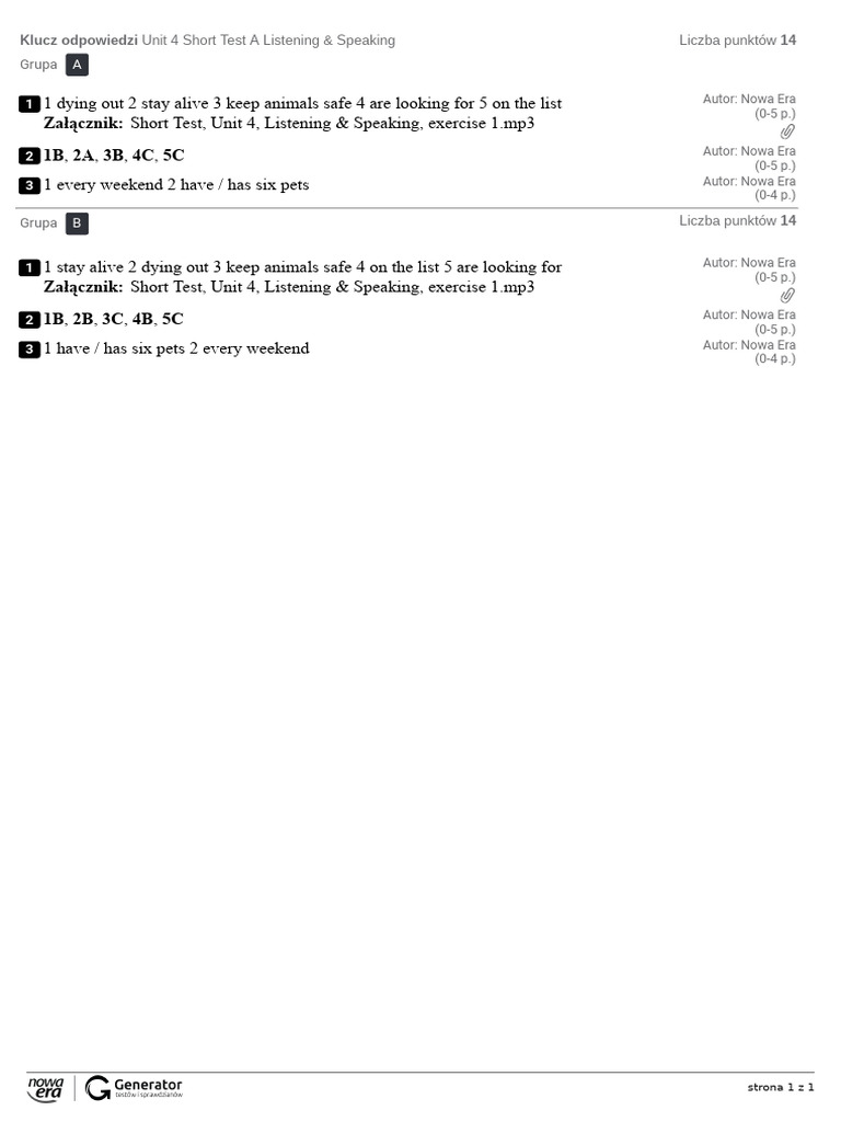 Unit 4 Short Test A Listening - Speaking Klucz Odpowiedzi | PDF