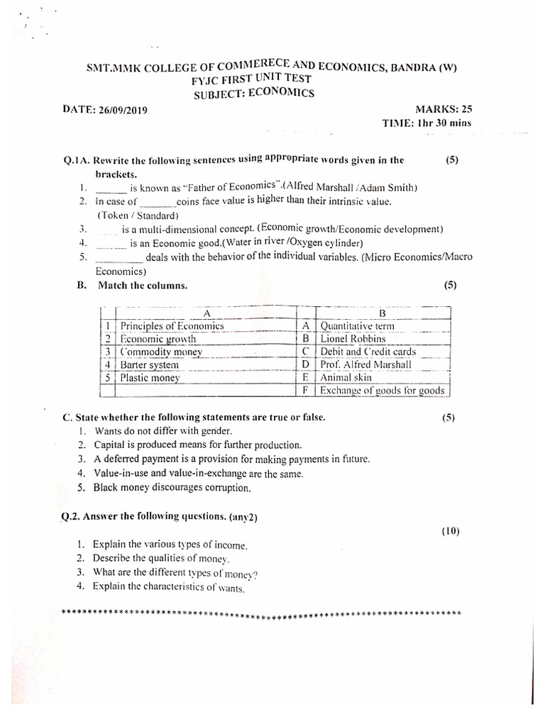 Economics Unit Test I Fyjc | PDF