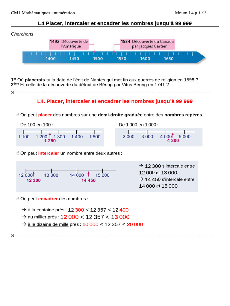 L4 Placer Intercaler Et Encadrer Les Nombres Jusqua 99 999 | PDF