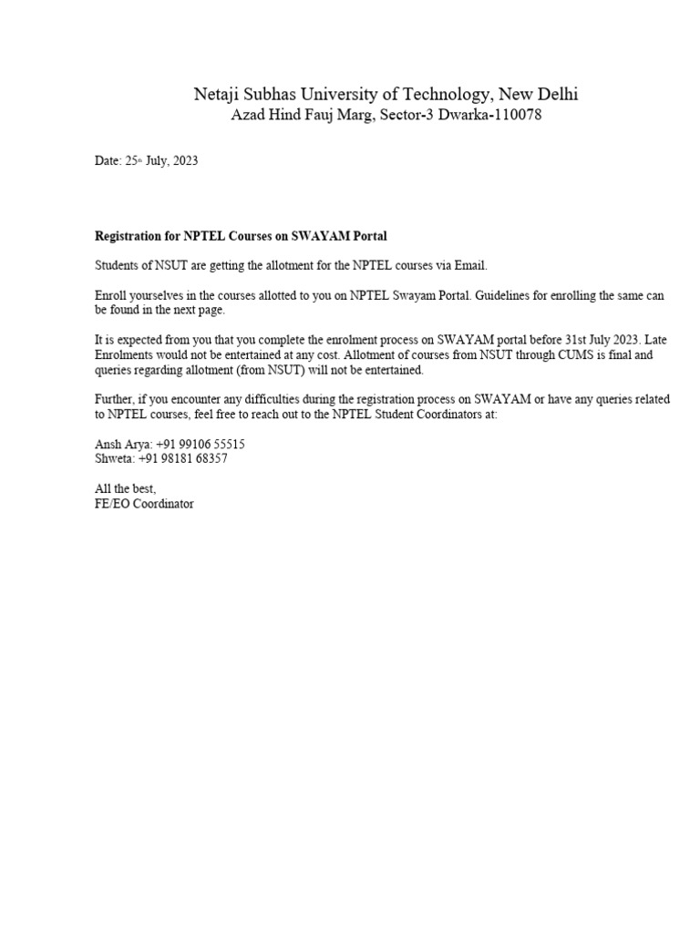 Nptel Course Enrollment Guidelines Nsut Students | PDF