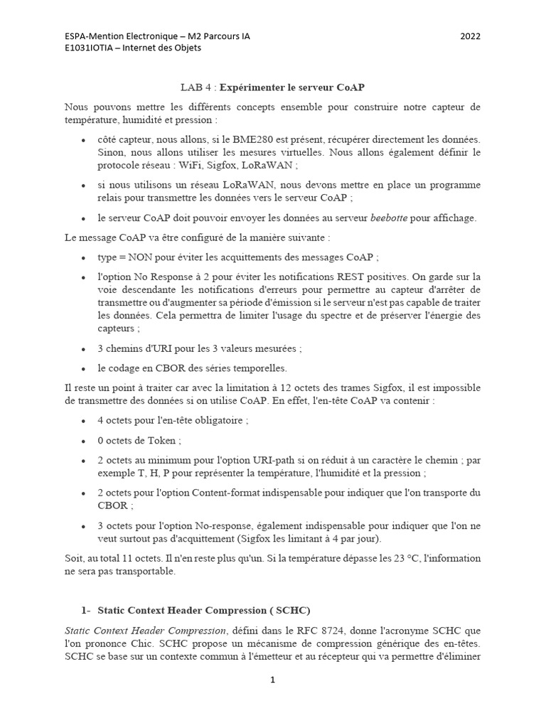 ESPA-Mention Electronique - M2 Parcours IA 2022 E1031IOTIA - Internet Des Objets | PDF