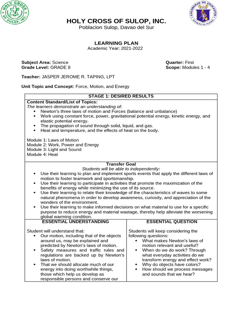 Learning Plan Science Q1 (1) | PDF
