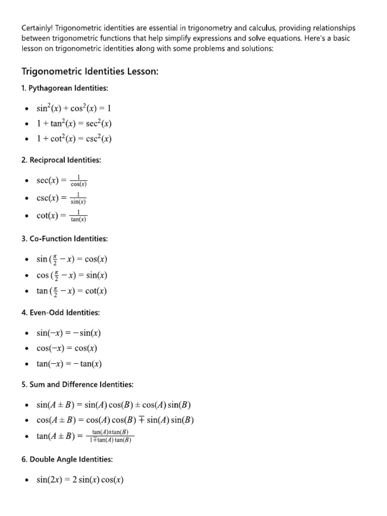 Trigonometric Identities Lessons, Problems and Solutions | PDF