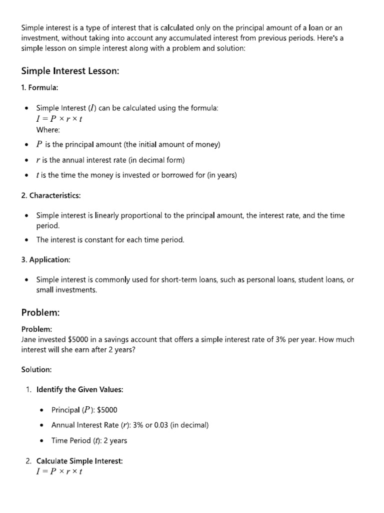 Simple Interest Lesson, Problem and Solution | PDF