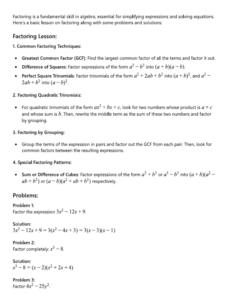 Factoring Lesson, Problem and Solution | PDF