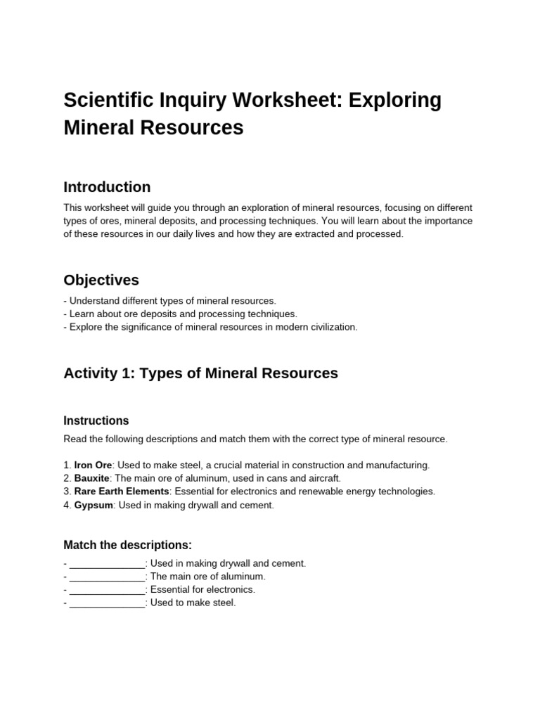 Mineral Resources - Inquiry Worksheet | PDF