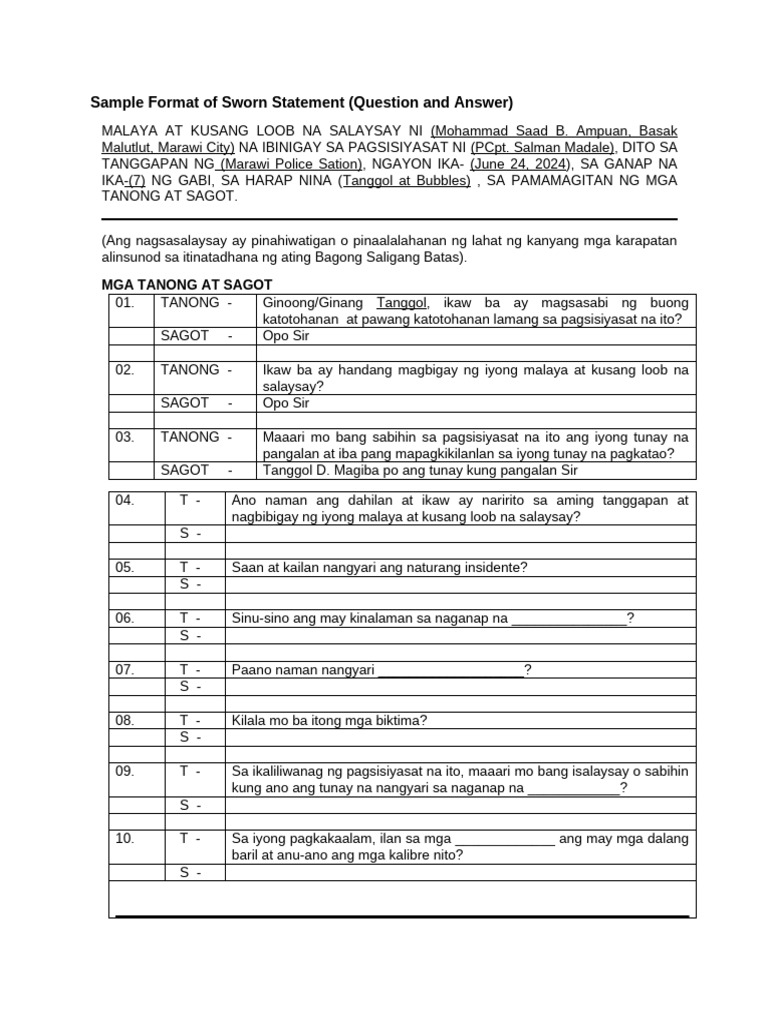 Sample Format of Sworn Statement Question and Answer | PDF