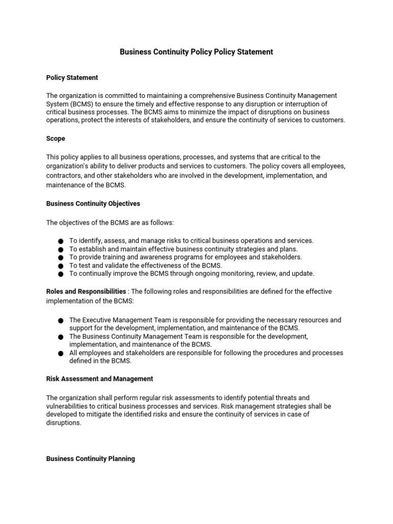 Business Continuity Management Policy | PDF | Risk Management | Business