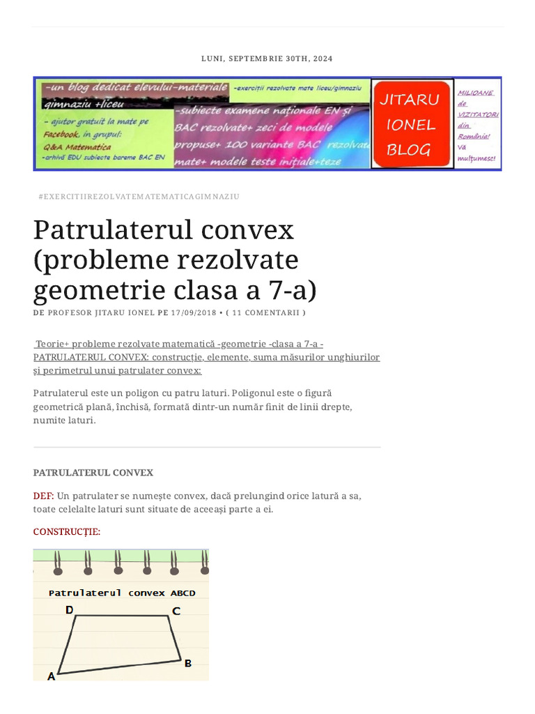 Patrulaterul Convex (Probleme Rezolvate Geometrie Clasa A 7-A) | PDF