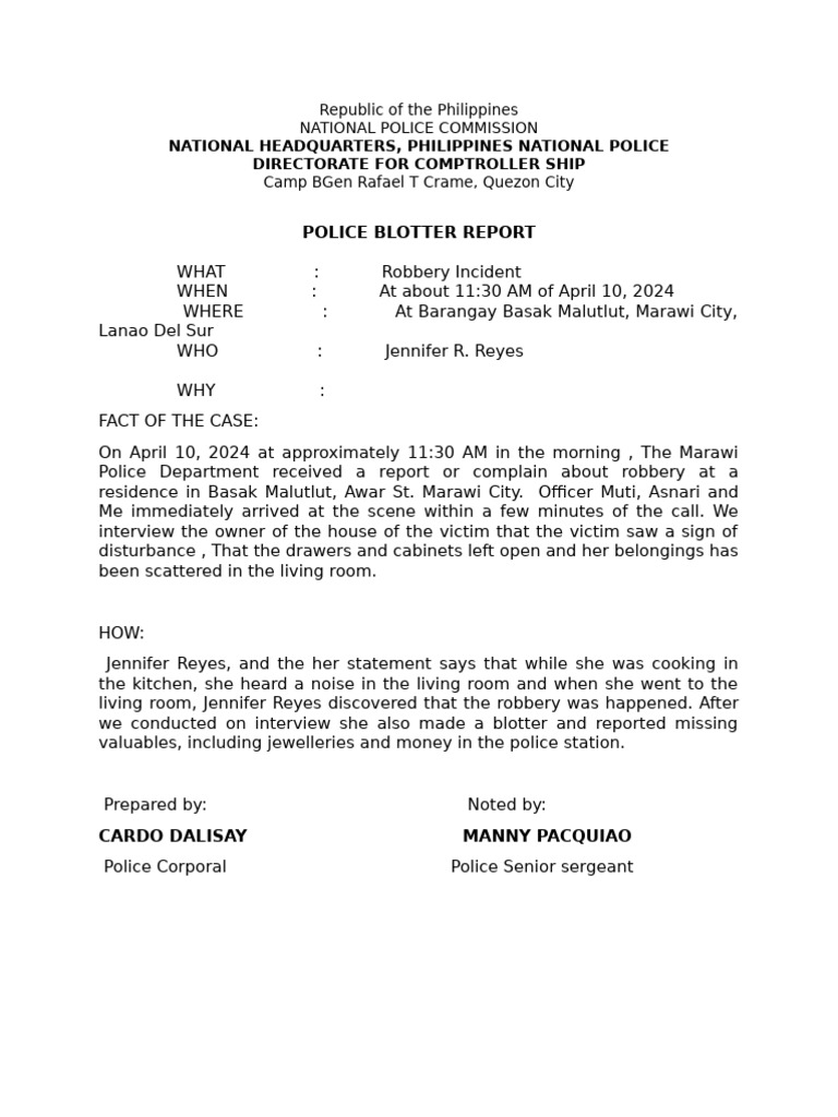 Police Blotter Report | PDF