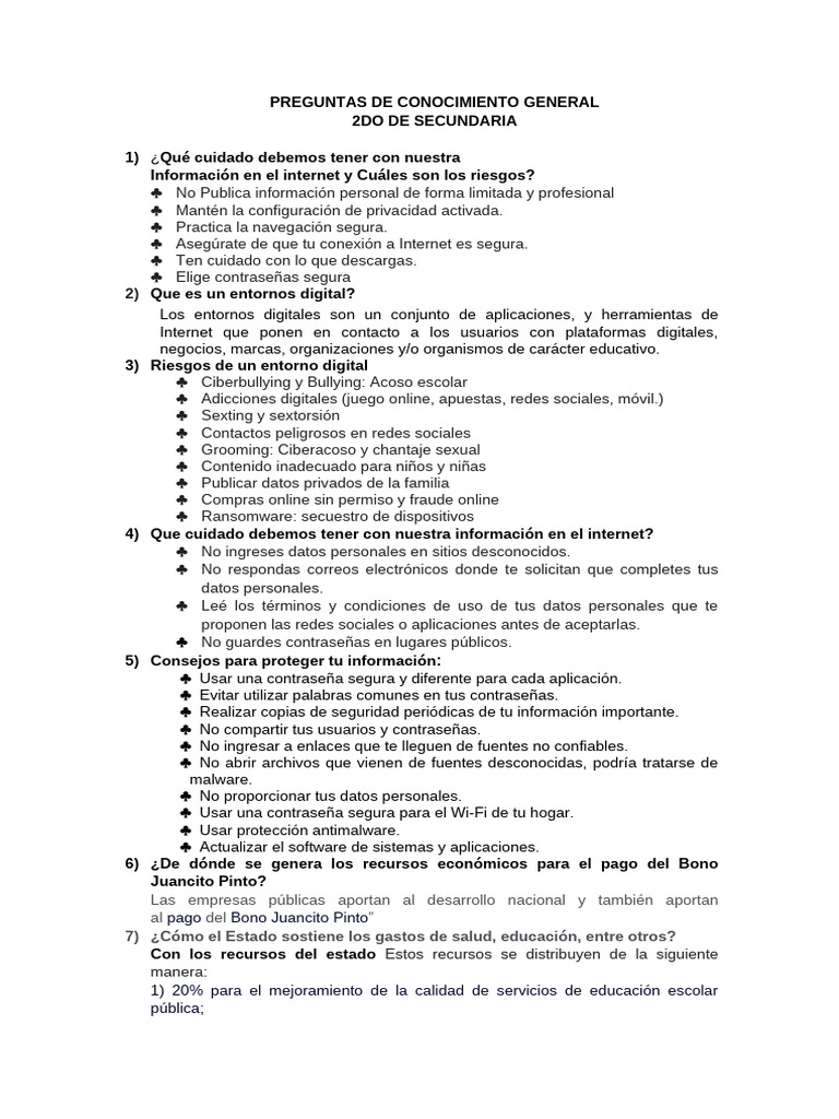 Preguntas de Conocimiento General 2do | PDF