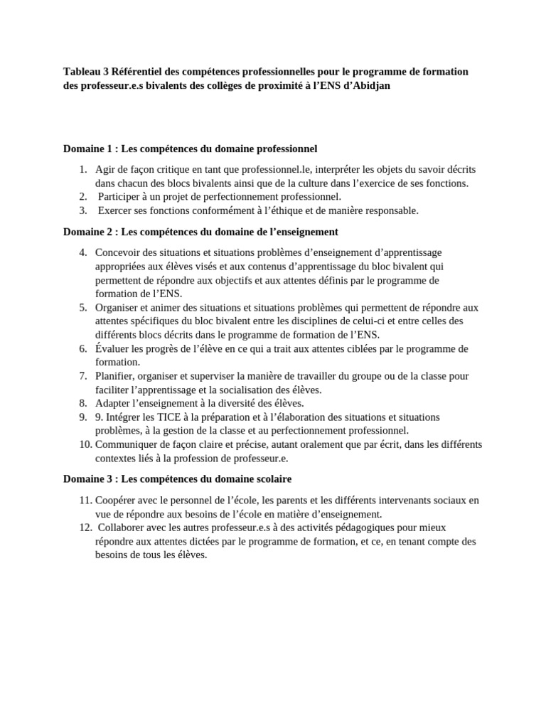 Tableau 3 Référentiel des compétences professionnelles pour le programme de formation des ...