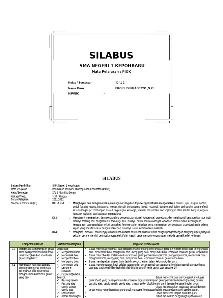 Eko BP Silabus PJOK Kls 10 (3 Kolom) FIK2 | PDF