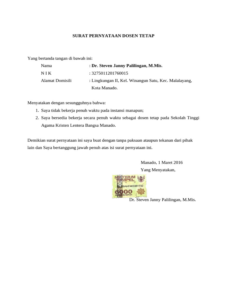 Surat Pernyataan Dosen Tetap - Format Terbaru (STEVEN PALILINGAN) | PDF