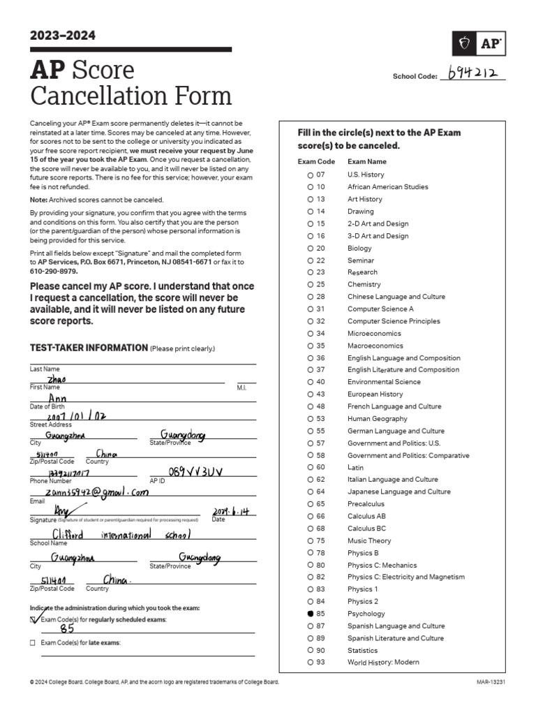 Ap Score Cancellation Form | PDF