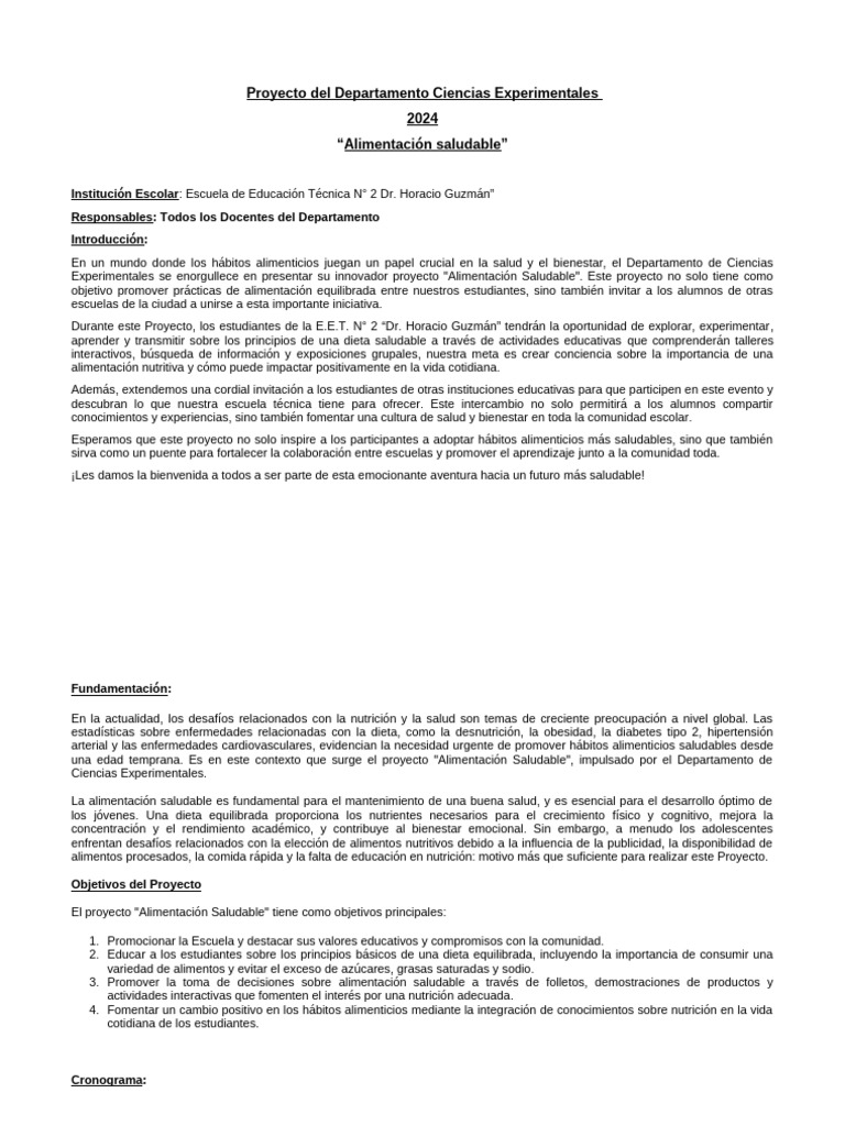 Proyecto Departamento Cs Exp Alimentacion Saludable | PDF | Alimentos | Dieta saludable