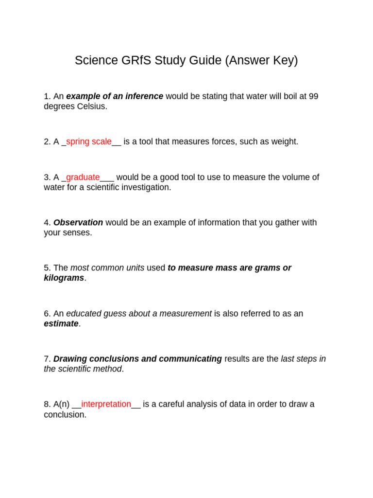 Science GRFS Study Guide Answer Key | PDF