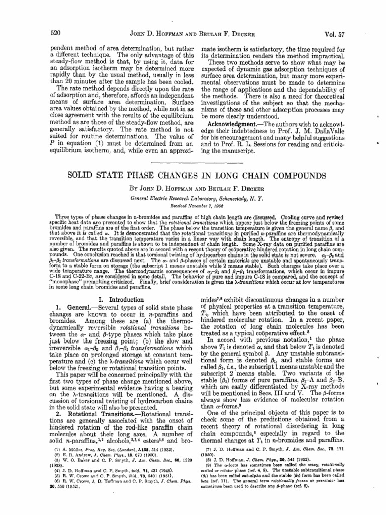 Hoffman - Solid State Phase Changes in Long Chain Compounds, 1953 | PDF ...