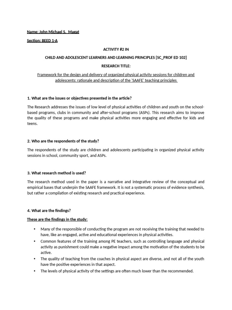 Child and Adolescent Learners and Learning Principles (Activity 2 ...