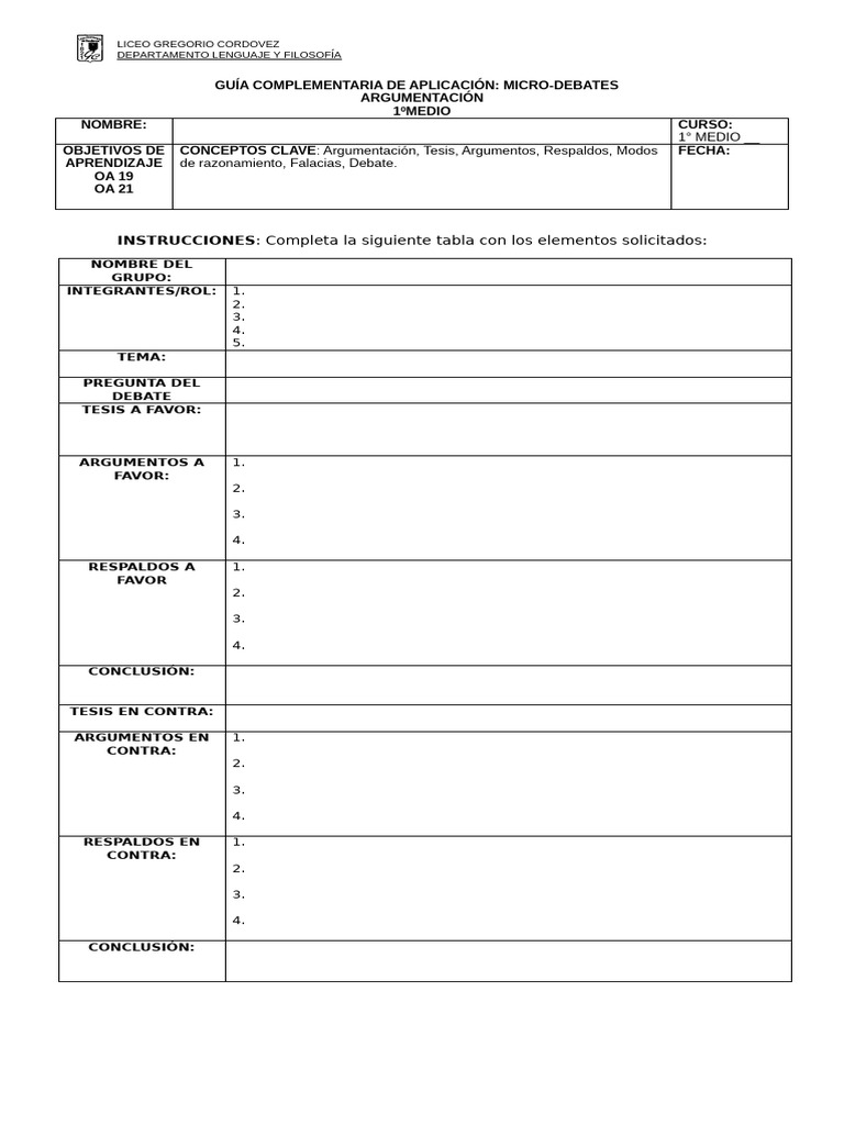 GUÍA COMPLEMENTARIA DE APLICACIÓN 1ºmedio ARGUMENTACIÓN | PDF