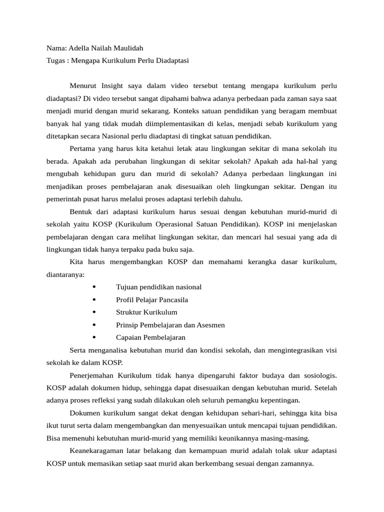 Mengapa Kurikulum Perlu Diadaptasi (Adella Nailah Maulidah) | PDF | Kesehatan Holistik