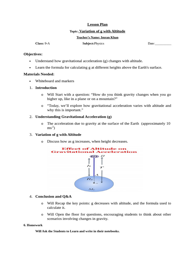 Gravity Variation with Altitude Lesson | PDF