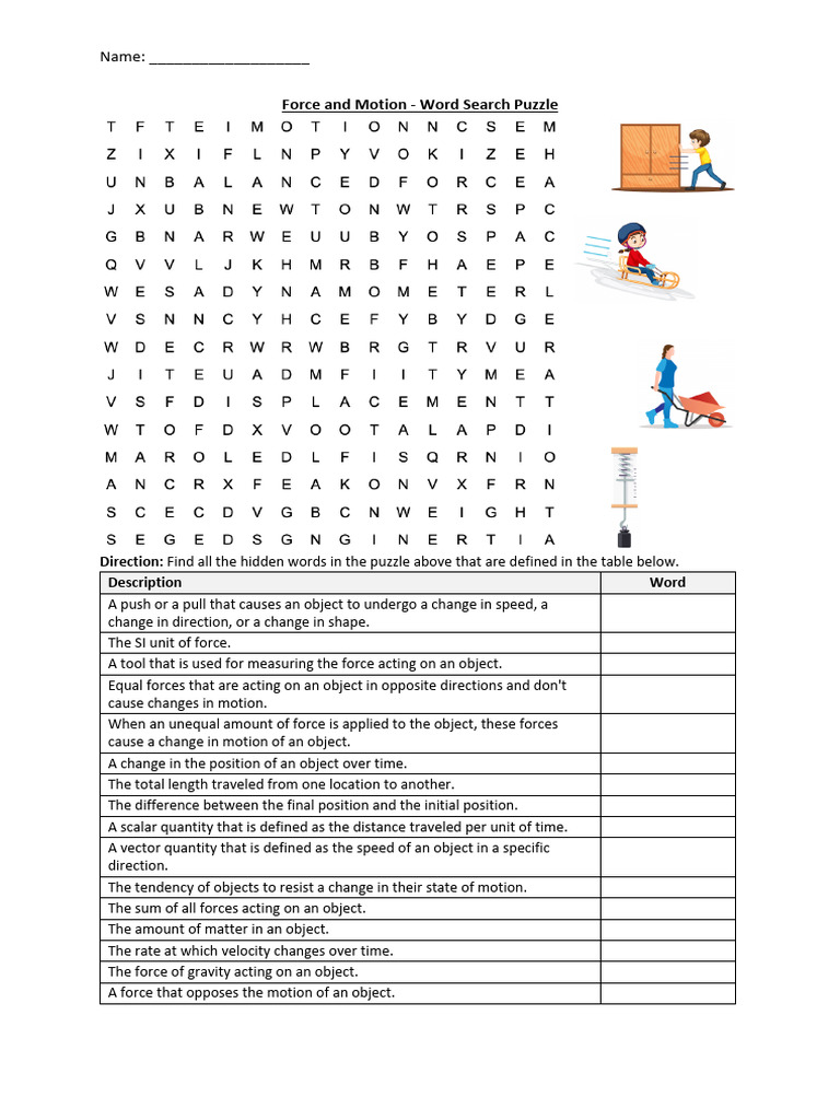 Force and Motion Word Search Answers | PDF | Force | Velocity