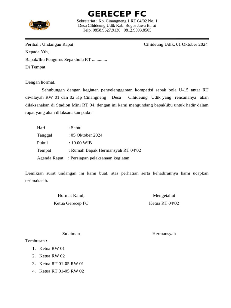 Surat Undangan Rapat RT | PDF