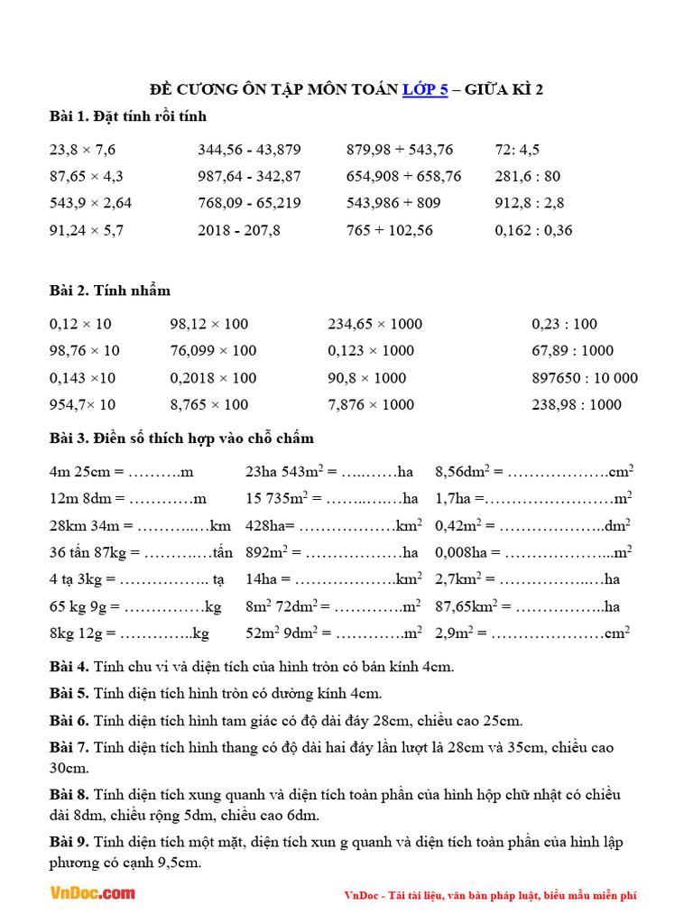 De Cuong On Tap Giua Hoc Ki 2 Mon Toan Lop 5 | PDF