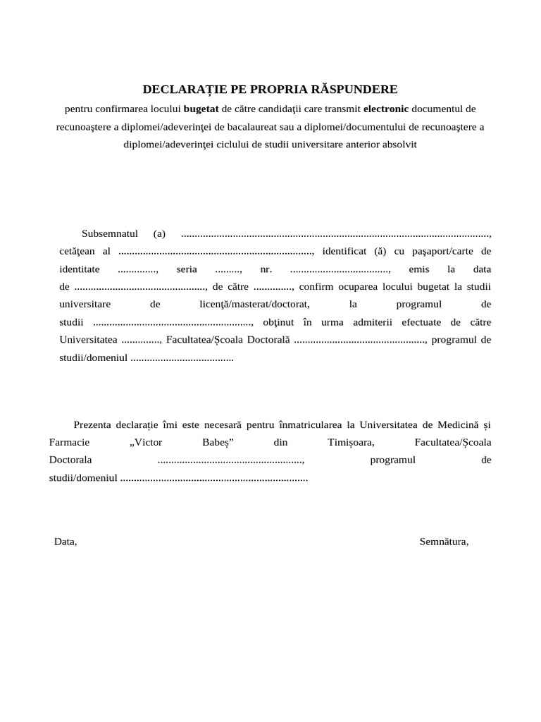 Declaratie-pe-proprie-raspundere-confirmare-loc_admitere-2024 | PDF