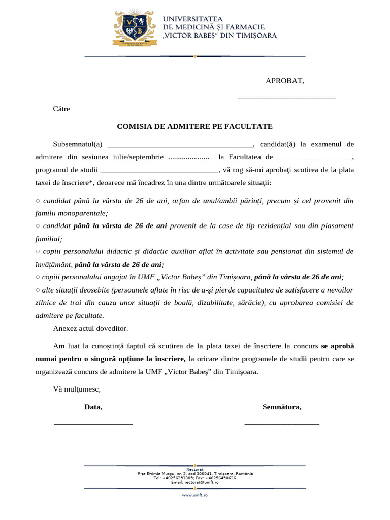 Cerere - Scutire Taxa Inscriere - Admitere 2024 | PDF
