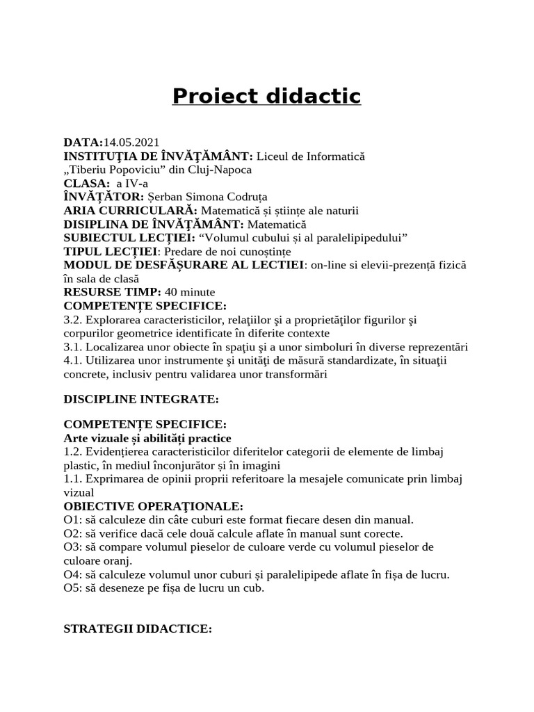 Matematica Plan de Lectie Volumul Cubului Si Al Paralelipipedului | PDF