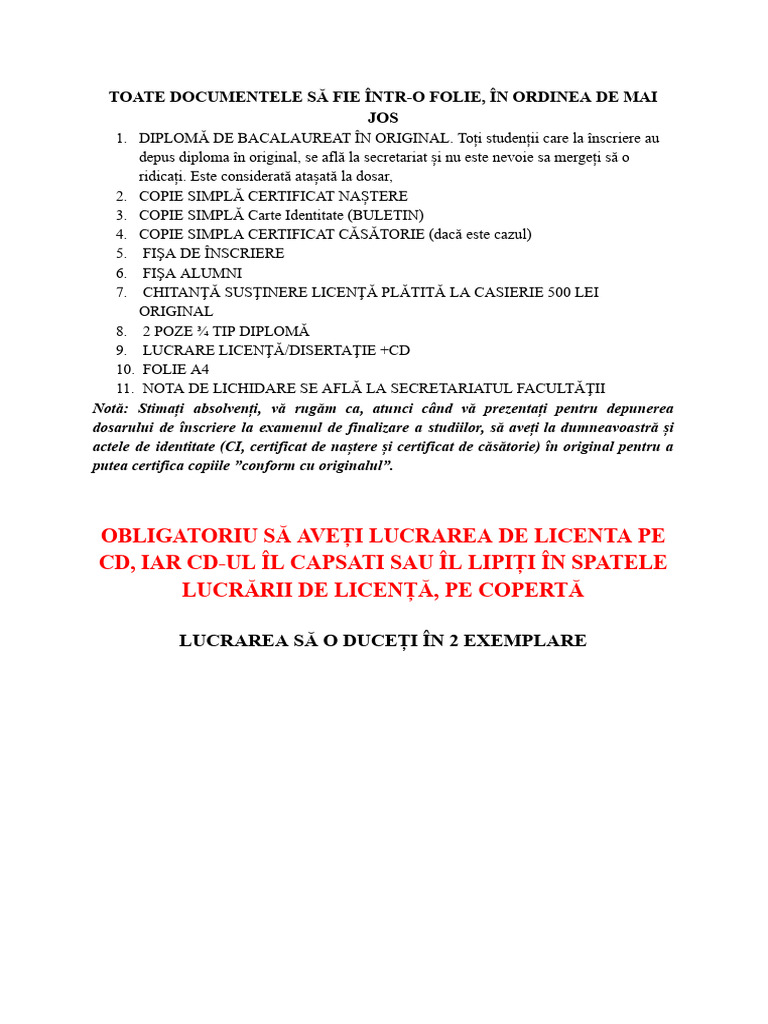 Acte Necesare Inscriere Licenta Vara-1-1 | PDF