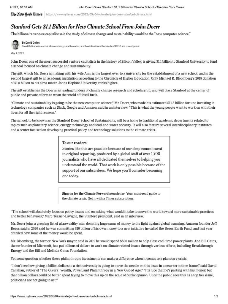 John Doerr Gives Stanford $1.1 Billion For Climate School - The New ...