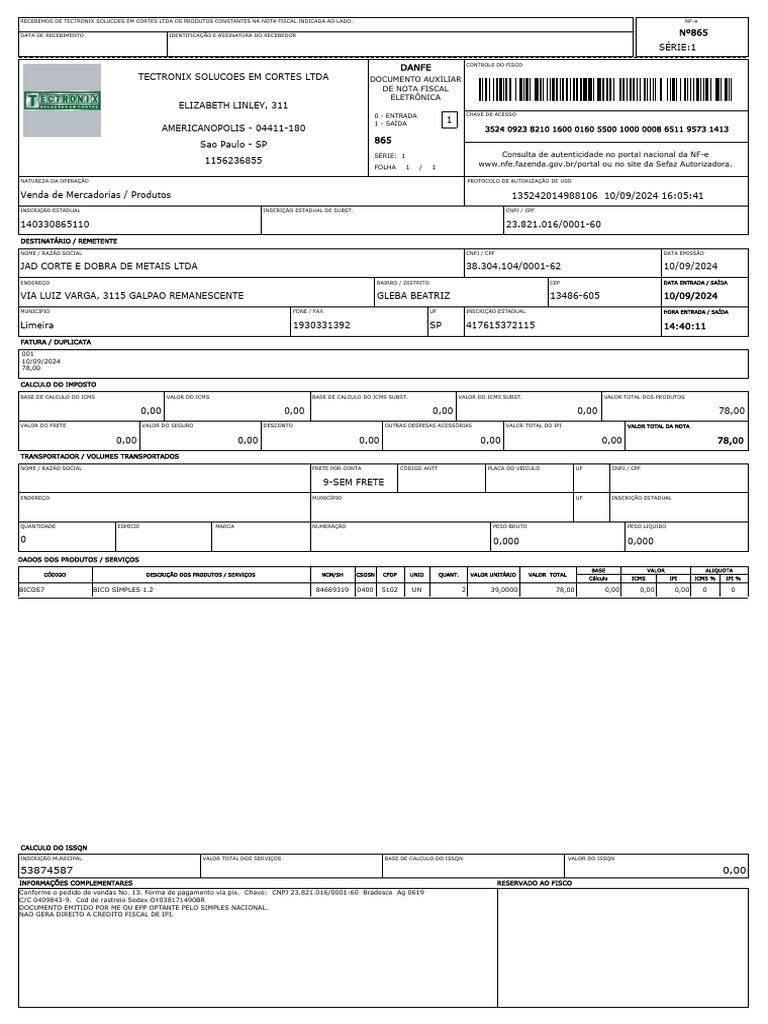 Documento Auxiliar de Nota Fiscal Eletrônica | PDF