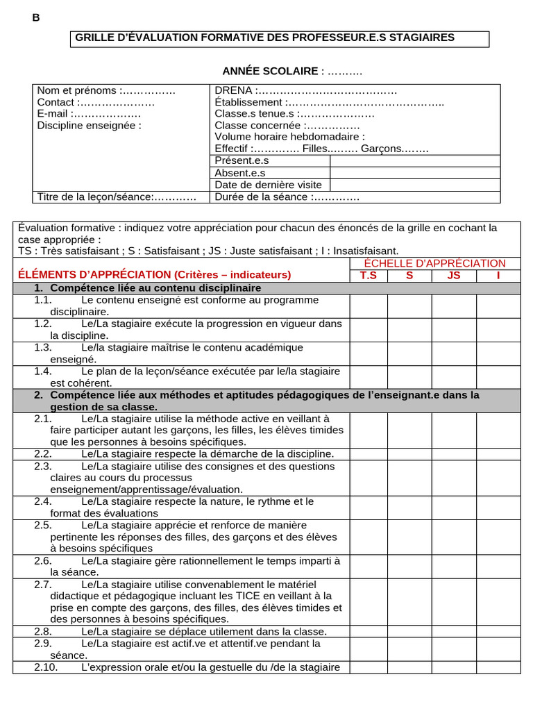 Grille D'évaluation Formative Version Adoptée Des Stagiaires Bivalents ...