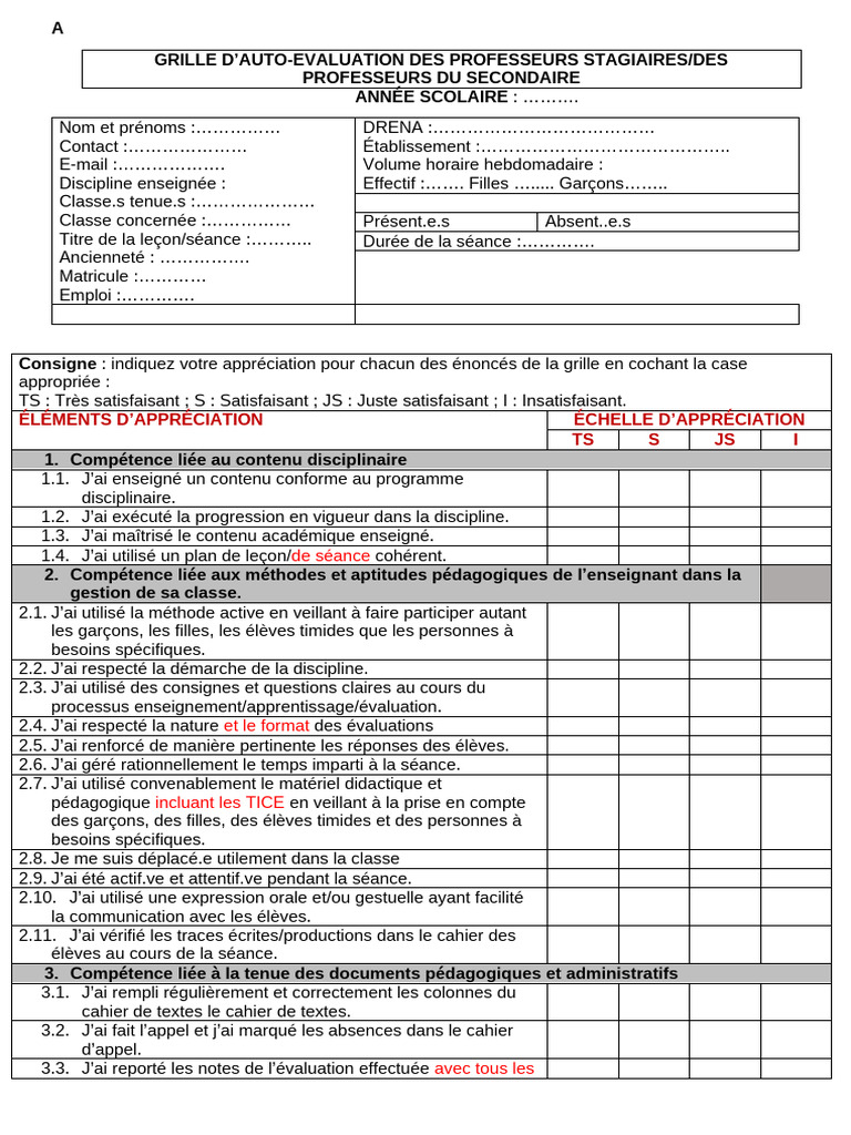 Grille D'auto-Évaluation Des Stagiaires Bivalents de l'ENS Version Adoptée | PDF