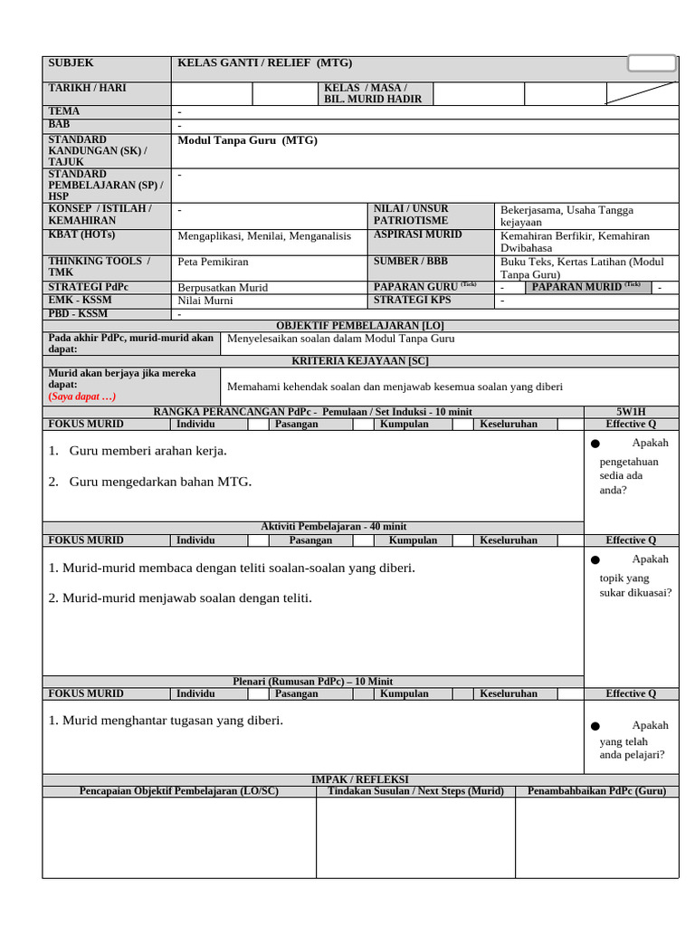 RPH Guru Relief (Modul Tanpa Guru) | PDF